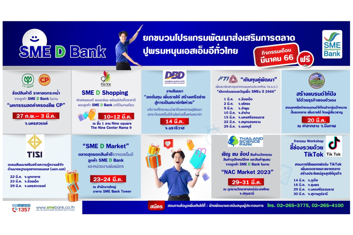 SME D Bank ยกขบวน 9 โปรแกรมพัฒนาส่งเสริมการตลาด ตลอดเดือน มี.ค.66 ปูพรมหนุนเอสเอ็มอีไทยทั่วไทย ...